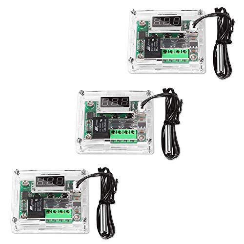 AITRIP 3PCS W1209 12V DC Digital Temperature Controller Board with 10A One-channel Relay and Waterproof Micro Digital Thermostat -50-110°C Electronic Temperature Temp Control Module Switch (With Case)