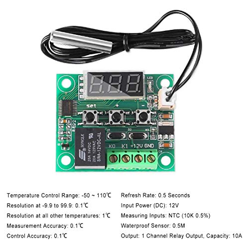 AITRIP 3PCS W1209 12V DC Digital Temperature Controller Board with 10A One-channel Relay and Waterproof Micro Digital Thermostat -50-110°C Electronic Temperature Temp Control Module Switch (With Case)