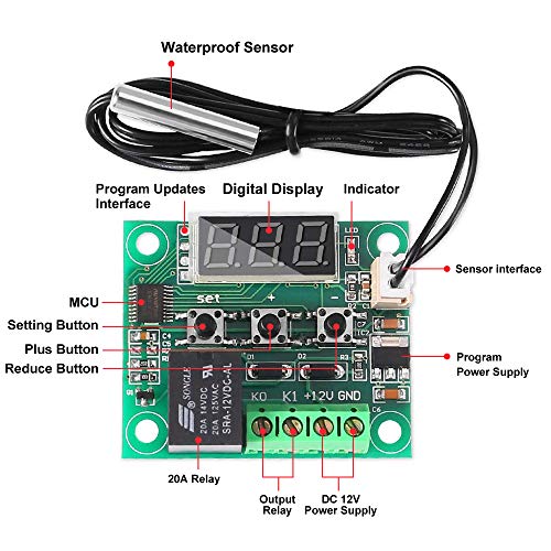 AITRIP 3PCS W1209 12V DC Digital Temperature Controller Board with 10A One-channel Relay and Waterproof Micro Digital Thermostat -50-110°C Electronic Temperature Temp Control Module Switch (With Case)