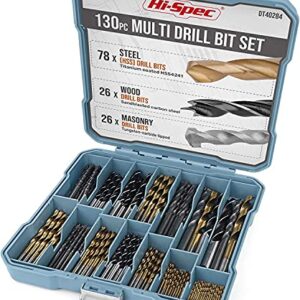 Hi-Spec 130pc Multi SAE Drill Bit Set. 11 Sizes 1/16in to 3/8in. Metal, Wood, Plastic, Dryall, Brick & Concrete Drilling. HSS Titanium, Masonry & Brad Point Steel Bits All in a Tray Case