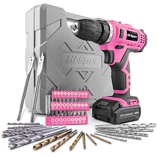 Hi-Spec 50 Piece 12V Pink Drill Driver & Multi Bit Set. High Speed Cordless & Rechargeable Electric Power Screwdriver & Drill for Household DIY. Complete in a Carry Case