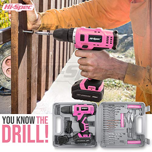 Hi-Spec 50 Piece 12V Pink Drill Driver & Multi Bit Set. High Speed Cordless & Rechargeable Electric Power Screwdriver & Drill for Household DIY. Complete in a Carry Case