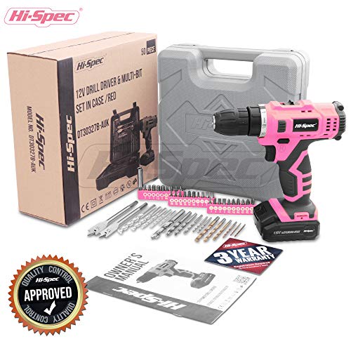 Hi-Spec 50 Piece 12V Pink Drill Driver & Multi Bit Set. High Speed Cordless & Rechargeable Electric Power Screwdriver & Drill for Household DIY. Complete in a Carry Case