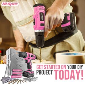 Hi-Spec 50 Piece 12V Pink Drill Driver & Multi Bit Set. High Speed Cordless & Rechargeable Electric Power Screwdriver & Drill for Household DIY. Complete in a Carry Case