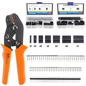 glarks 486pcs wire crimper plier with connector set, sn-28b ratchet crimping tool with 485pcs 2.54mm 1 2 3 4 5 6 7 pin housing connector male female pin header crimp connector for awg28-18 dupont pins