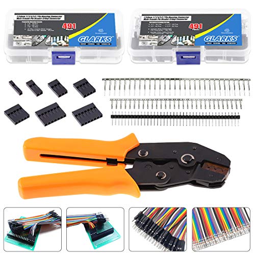 Glarks 486Pcs Wire Crimper Plier with Connector Set, SN-28B Ratchet Crimping Tool with 485Pcs 2.54mm 1 2 3 4 5 6 7 Pin Housing Connector Male Female Pin Header Crimp Connector for AWG28-18 Dupont Pins