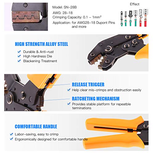 Glarks 486Pcs Wire Crimper Plier with Connector Set, SN-28B Ratchet Crimping Tool with 485Pcs 2.54mm 1 2 3 4 5 6 7 Pin Housing Connector Male Female Pin Header Crimp Connector for AWG28-18 Dupont Pins