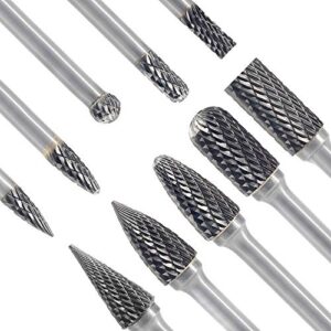 Carbide Burrs Sets 10 Pieces JESTUOUS 1/4 Inch Shank Diameter 5pcs 1/2 Head Diameter 5pcs 1/4 Head Diameter for Die Grinder Bits Grinding Cutting Porting