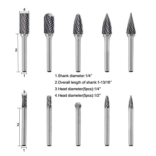 Carbide Burrs Sets 10 Pieces JESTUOUS 1/4 Inch Shank Diameter 5pcs 1/2 Head Diameter 5pcs 1/4 Head Diameter for Die Grinder Bits Grinding Cutting Porting