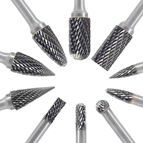 Carbide Burrs Sets 10 Pieces JESTUOUS 1/4 Inch Shank Diameter 5pcs 1/2 Head Diameter 5pcs 1/4 Head Diameter for Die Grinder Bits Grinding Cutting Porting