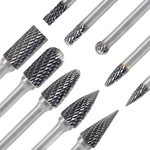 Carbide Burrs Sets 10 Pieces JESTUOUS 1/4 Inch Shank Diameter 5pcs 1/2 Head Diameter 5pcs 1/4 Head Diameter for Die Grinder Bits Grinding Cutting Porting