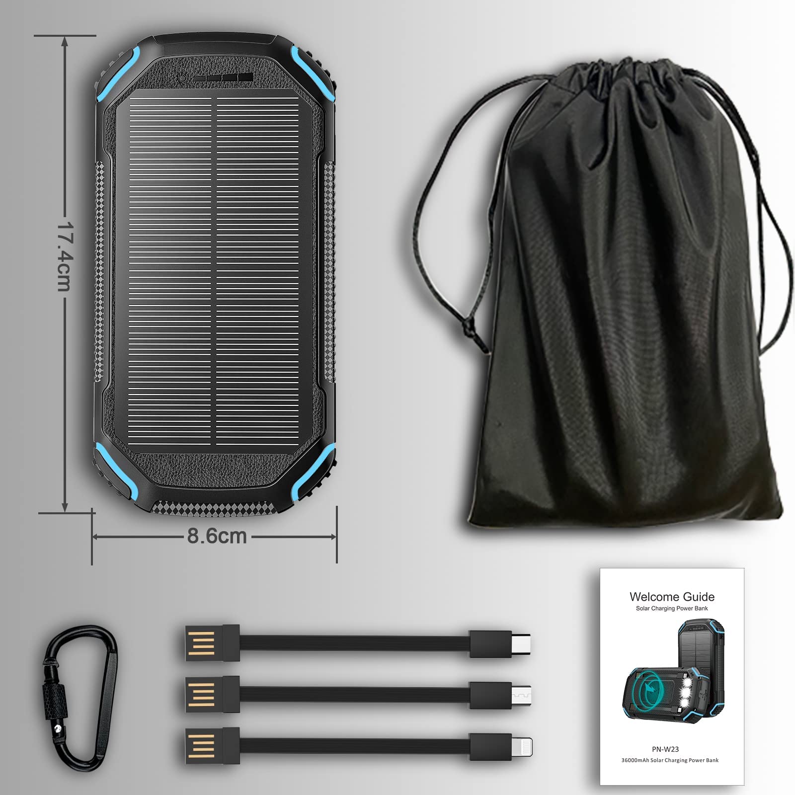 Solar Power Bank 36000mAh,Qi Wireless Charger Built in 3 Cables, Portable Charger Battery Bank with 3 Input 4 Output,Waterproof Battery Pack Charger for iPhone 12,13,MacBook,Samsung Galaxy,Tablet