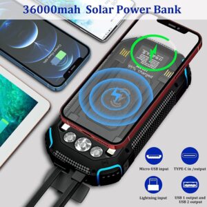 Solar Power Bank 36000mAh,Qi Wireless Charger Built in 3 Cables, Portable Charger Battery Bank with 3 Input 4 Output,Waterproof Battery Pack Charger for iPhone 12,13,MacBook,Samsung Galaxy,Tablet