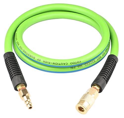 YOTOO Hybrid Lead-in Air Hose 3/8-Inch by 6-Feet 300 PSI Heavy Duty, Lightweight, Kink Resistant, All-Weather Flexibility with Bend Restrictors, 1/4-Inch Industrial Quick Coupler and Plug