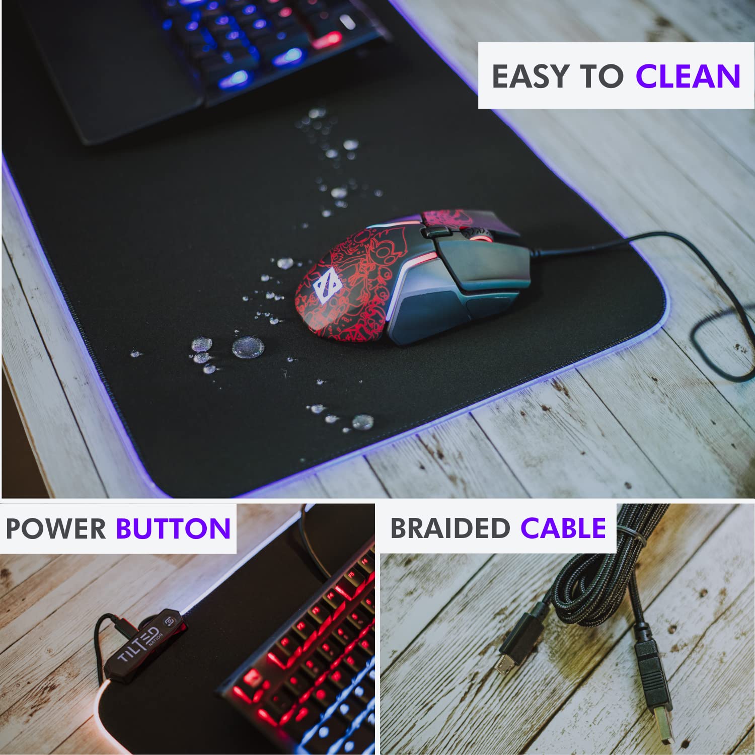 Tilted Nation RGB Gaming Mouse Pad Large - LED Extended Mousepad Desk Mat with 8 Adjustable Light Modes - Computer Mouse and Keyboard Pad - Non Slip Rubber Base, Easy to Clean Water Proof Surface