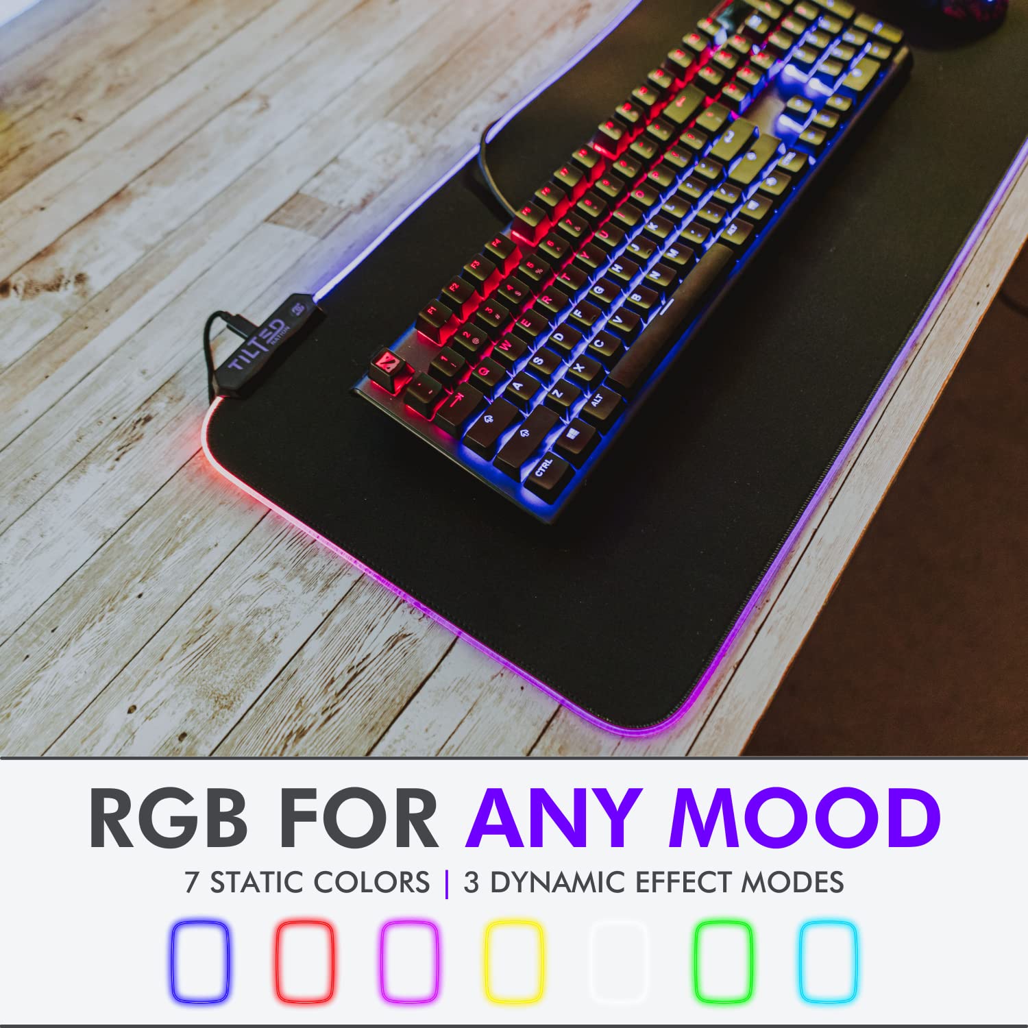 Tilted Nation RGB Gaming Mouse Pad Large - LED Extended Mousepad Desk Mat with 8 Adjustable Light Modes - Computer Mouse and Keyboard Pad - Non Slip Rubber Base, Easy to Clean Water Proof Surface