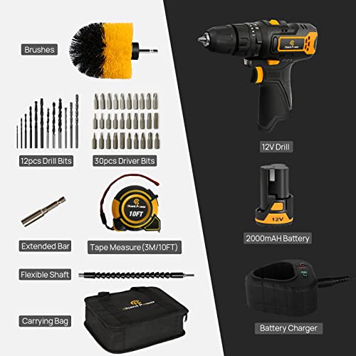 C P CHANTPOWER Cordless Hammer Drill, 12V Impact Drill Set with Dual-Speed, 21+1+1 Torque Settings, 3/8’’ Keyless Chuck, 45pcs Accessories Bits, Fast Charger with Tool Bag