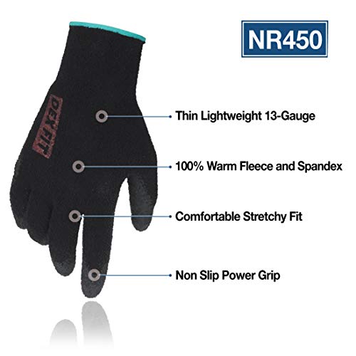 DEX FIT NR450 Warm Fleece Work Gloves, Comfortable and Stretchy Fit, Firm Grip, Thin & Lightweight, Durable Water-Based Nitrile Rubber Coated, Machine Washable; Black 8 (M) 3 Pairs