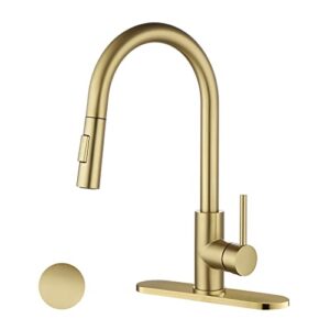 havin gold kitchen faucet with pull down sprayer, high arc stainless steel material, with cupc ceramic cartridge,with 10" deck plate,fit for 1 or 3 holes kitchen sink or laundry sink,brushed gold