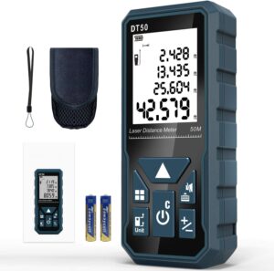 laser measure 165ft dt50 laser distance meter 50m, portable handle digital measure tool range finder, larger backlit lcd 4 line display ip54 shockproof