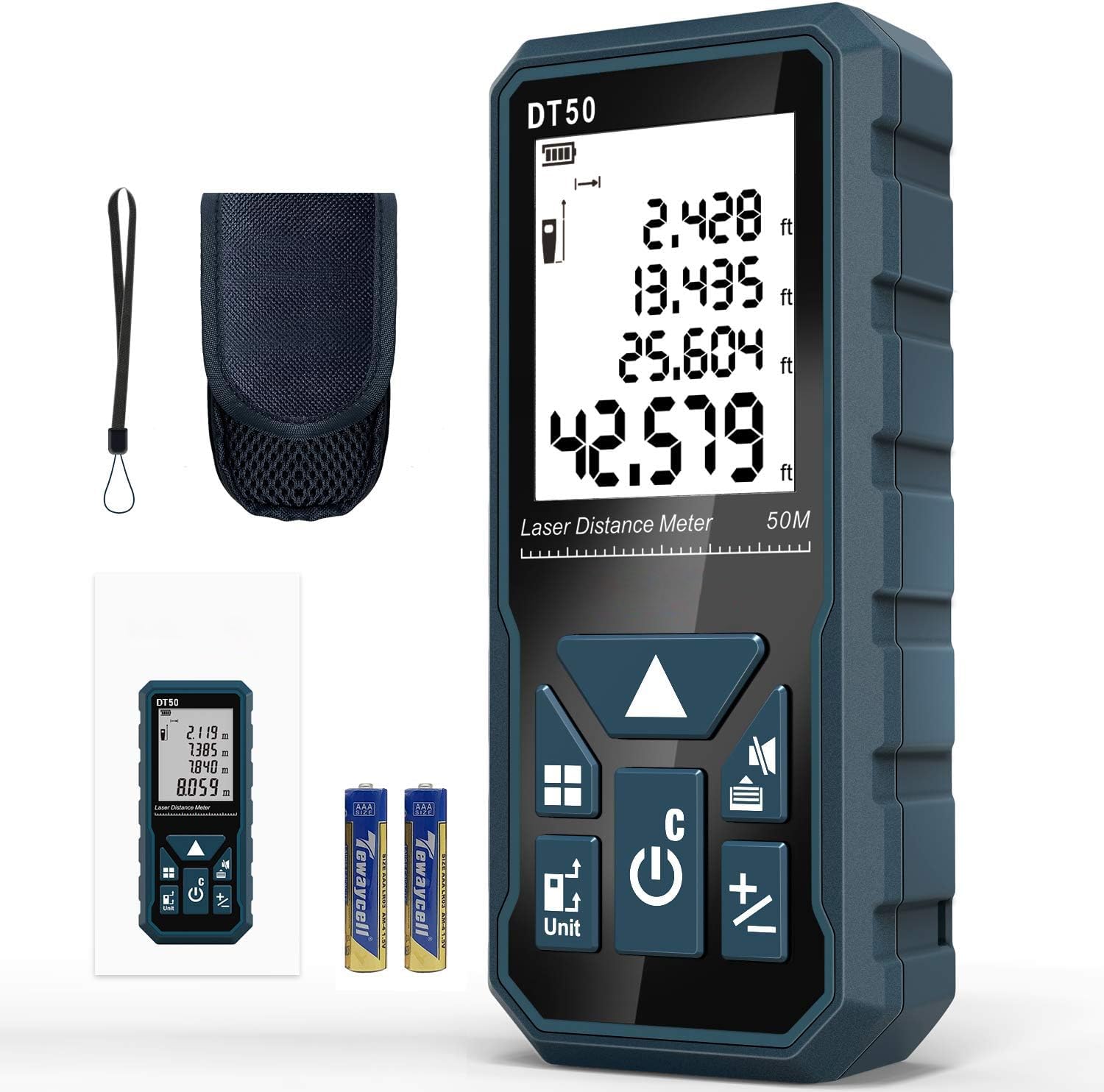 Laser Measure 165ft DT50 Laser Distance Meter 50M, Portable Handle Digital Measure Tool Range Finder, Larger Backlit LCD 4 Line Display IP54 Shockproof