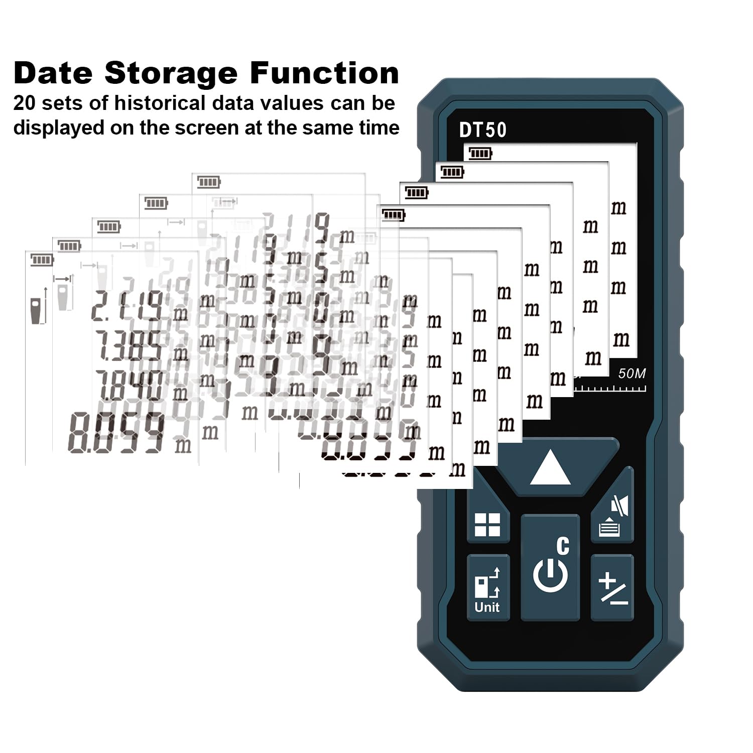 Laser Measure 165ft DT50 Laser Distance Meter 50M, Portable Handle Digital Measure Tool Range Finder, Larger Backlit LCD 4 Line Display IP54 Shockproof