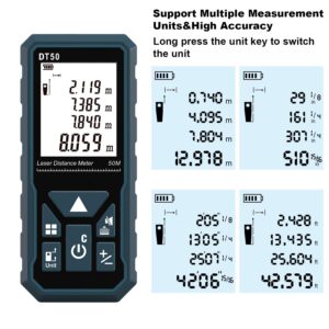 Laser Measure 165ft DT50 Laser Distance Meter 50M, Portable Handle Digital Measure Tool Range Finder, Larger Backlit LCD 4 Line Display IP54 Shockproof