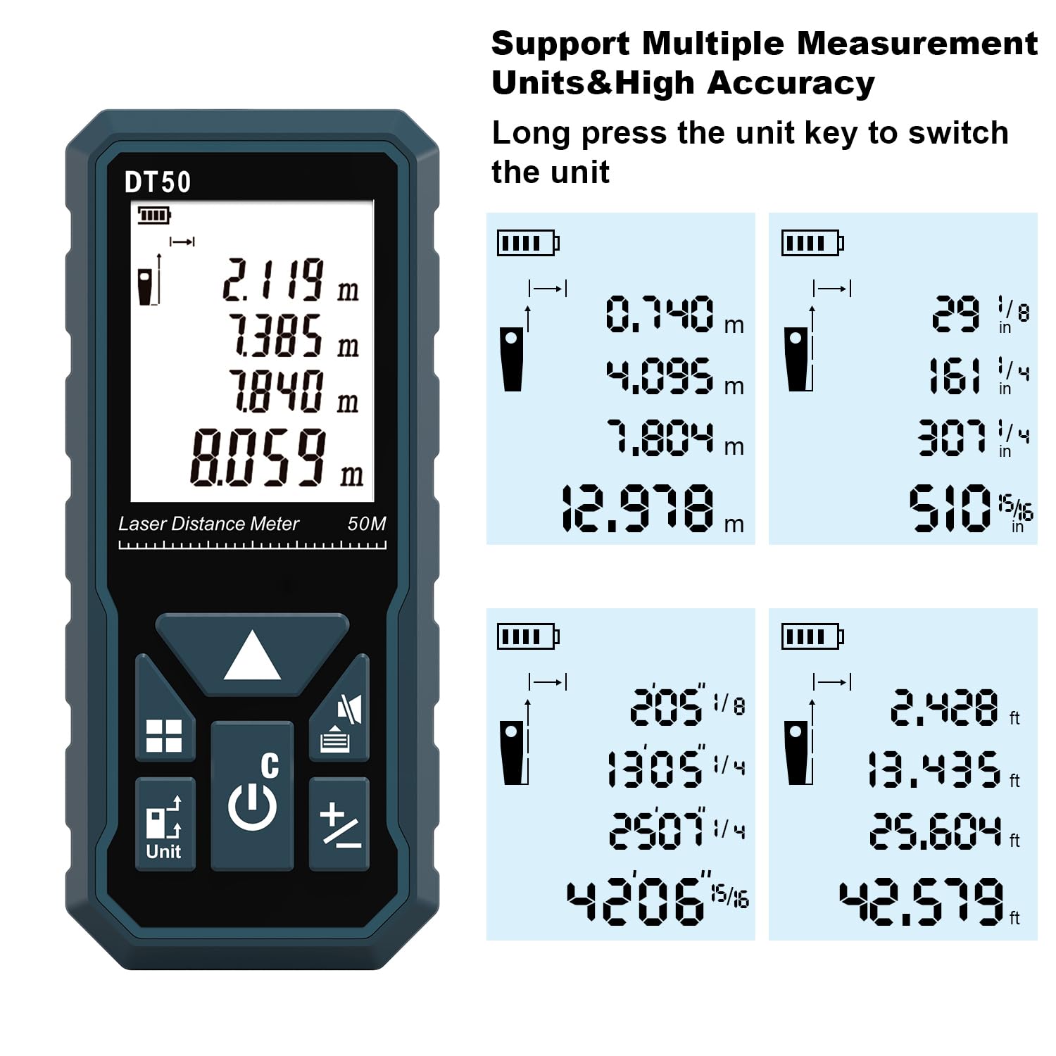 Laser Measure 165ft DT50 Laser Distance Meter 50M, Portable Handle Digital Measure Tool Range Finder, Larger Backlit LCD 4 Line Display IP54 Shockproof