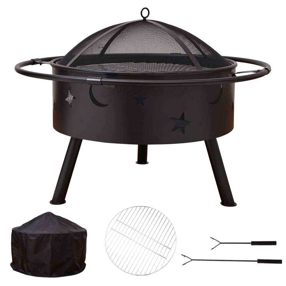 Sundale Outdoor Fire Pits Outdoor Wood Burning Large Fireplace, 32 Inch Steel Round Firepit Bowl with BBQ Grill, Cooking Grate, Spark Screen, Fire Poker, Cover, Portable Fire Pit for Outside Black