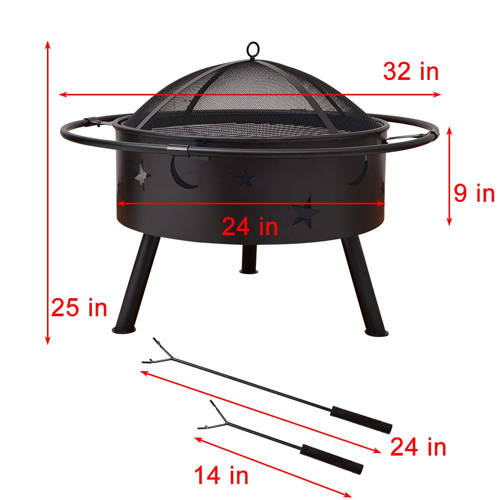 Sundale Outdoor Fire Pits Outdoor Wood Burning Large Fireplace, 32 Inch Steel Round Firepit Bowl with BBQ Grill, Cooking Grate, Spark Screen, Fire Poker, Cover, Portable Fire Pit for Outside Black