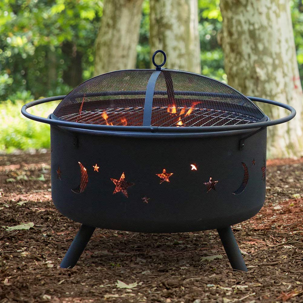 Sundale Outdoor Fire Pits Outdoor Wood Burning Large Fireplace, 32 Inch Steel Round Firepit Bowl with BBQ Grill, Cooking Grate, Spark Screen, Fire Poker, Cover, Portable Fire Pit for Outside Black