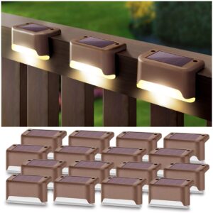 denicmic 16 pack fence post solar lights for patio pool stairs step and pathway, weatherproof led deck lights solar powered outdoor lights (warm white)