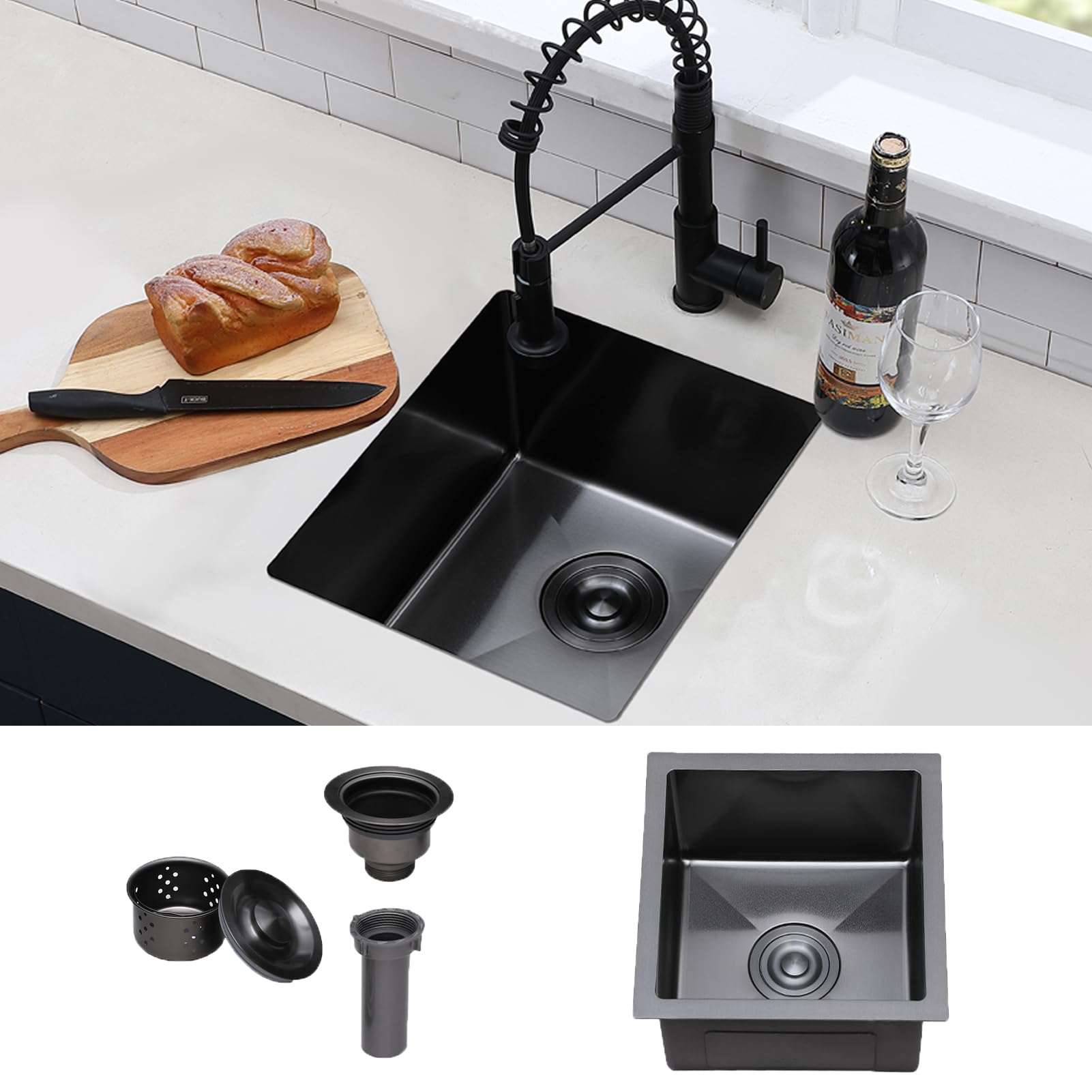 Hotis Bar Sink Undermount, Small Kitchen Sink, Black Bar Sink, Rv Otdoor Stainless Steel Wet Bar Prep Sink, 15 X 17 Inch Single Bowl