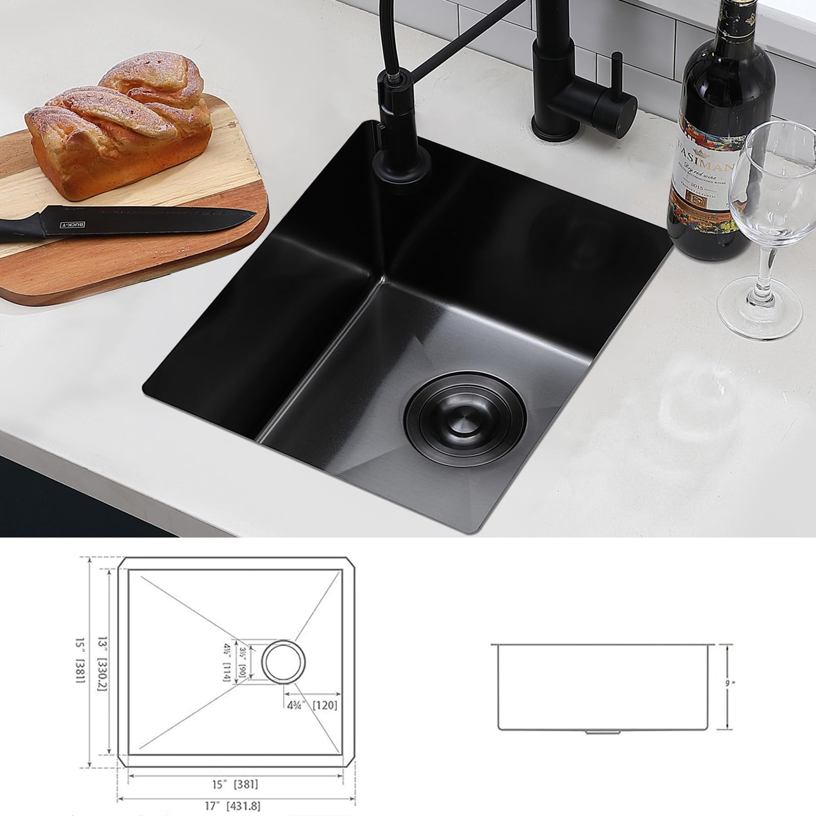 Hotis Bar Sink Undermount, Small Kitchen Sink, Black Bar Sink, Rv Otdoor Stainless Steel Wet Bar Prep Sink, 15 X 17 Inch Single Bowl