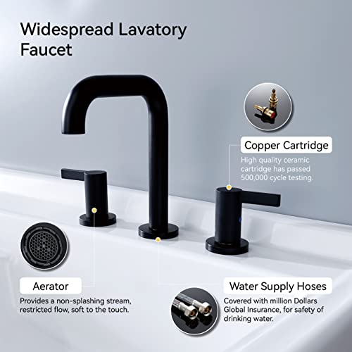 RKF Bathroom Faucets for Sink 3 Hole Matt Black 8 inch Widespread Bathroom Sink Faucet with Drain Double Lever Handle Faucet Bathroom Vanity Faucet Basin Mixer Tap Faucet with Hose & Deck CWF028-MB