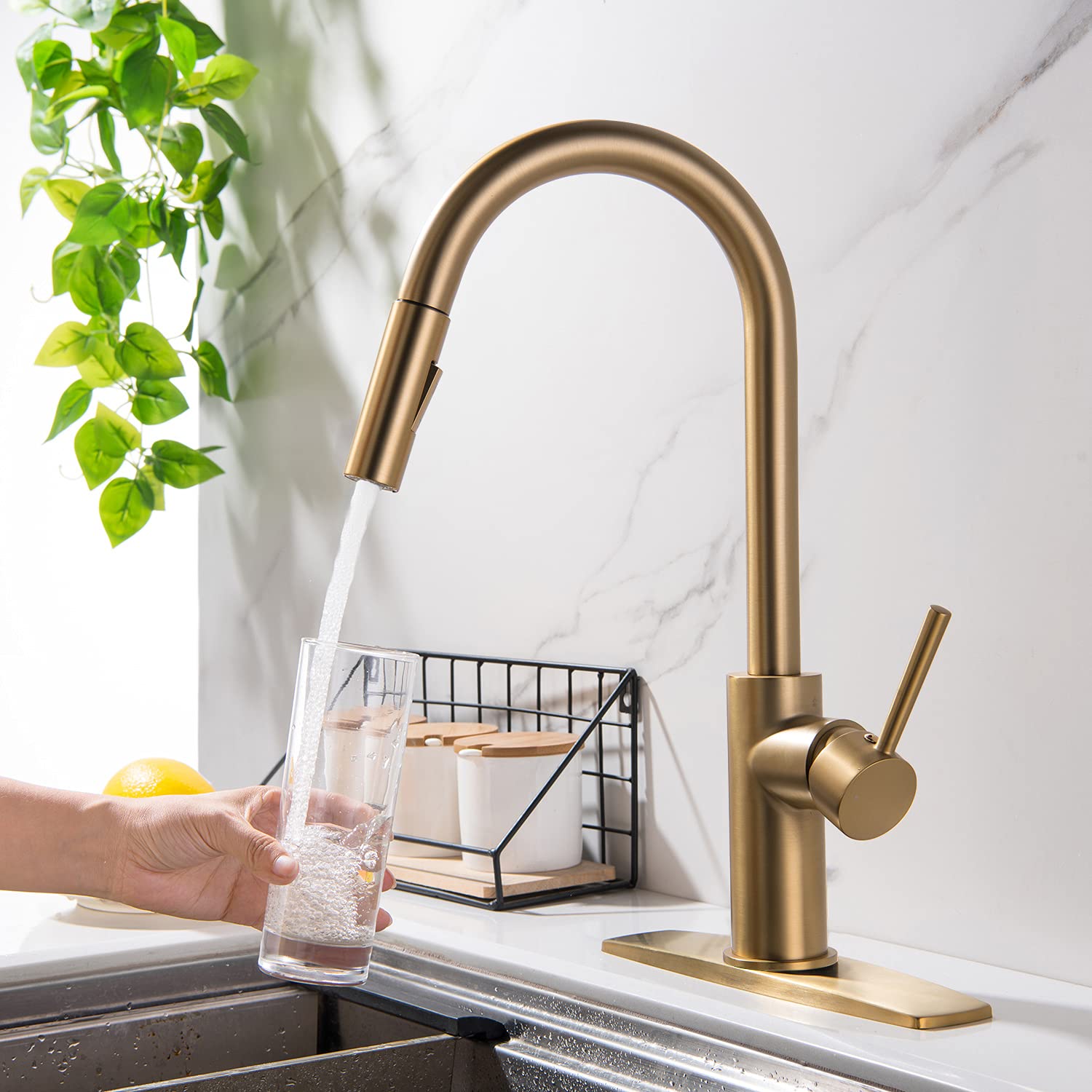 Gold Kitchen Sink Faucets Pull Down 2 Mode Sprayer with Deck Plate, Brushed Brass Gold