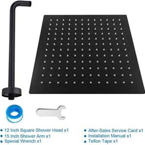 Rain Shower Head With Extension Arm, NearMoon Square Shower Heads, Large Stainless Steel Rainfall Showerhead-Waterfall Full Body Coverage (12 Inch Shower Head With 15 Inch Shower Arm, Matte Black)