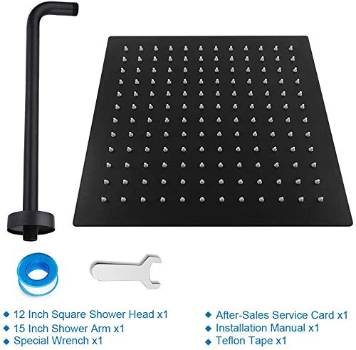 Rain Shower Head With Extension Arm, NearMoon Square Shower Heads, Large Stainless Steel Rainfall Showerhead-Waterfall Full Body Coverage (12 Inch Shower Head With 15 Inch Shower Arm, Matte Black)