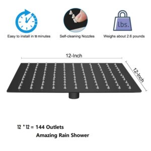 Rain Shower Head With Extension Arm, NearMoon Square Shower Heads, Large Stainless Steel Rainfall Showerhead-Waterfall Full Body Coverage (12 Inch Shower Head With 15 Inch Shower Arm, Matte Black)