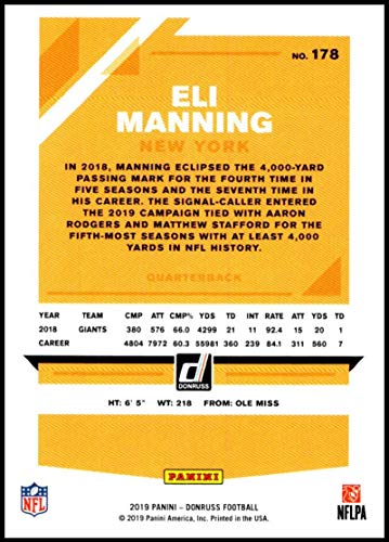 2019 Donruss #178 Eli Manning NM-MT New York Giants Officially Licensed NFL Trading Card