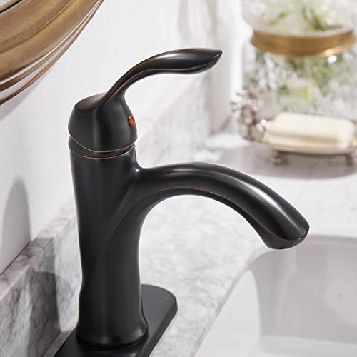 Homevacious Oil Rubbed Bronze Bathroom Faucet Antique Lavatory Sink Single Handle Bath One Hole Lever with Pop Up Drain with Overflow Low-Arc Basin Mixer Tap Supply Hose Lead-Free