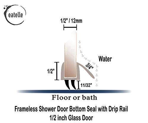 eatelle Frameless Shower Door Bottom Seal with Drip Rail - 1/2" (12mm) Thick Glass, 36" Long Sweep - Glass Door Seal Strip Ultra Clear Durable Polycarbonate Stop Shower Leaks