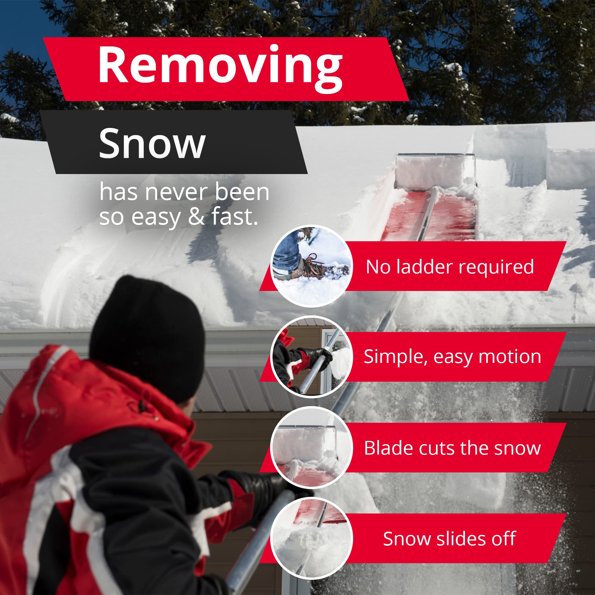 SNOWPEELER Premium Snow Roof Rake - 9 m (30 ft.) - Telescopic Heavy Duty Snow Shovel for Rooftop - Extra Large & Extendable Snowpeeler Roof Rake Snow Removal - Aluminium Snow Shovel Ergonomic Handle