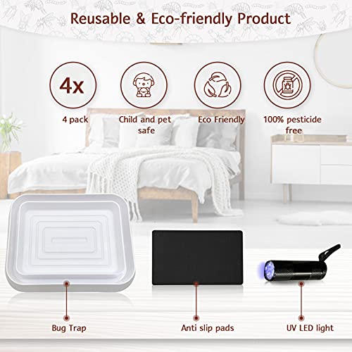 Bed Bug Interceptors, Extra Large XL Bed Bug Trap, White, with Anti-Slip Pads and Uv Led Blacklight, 4 Pack