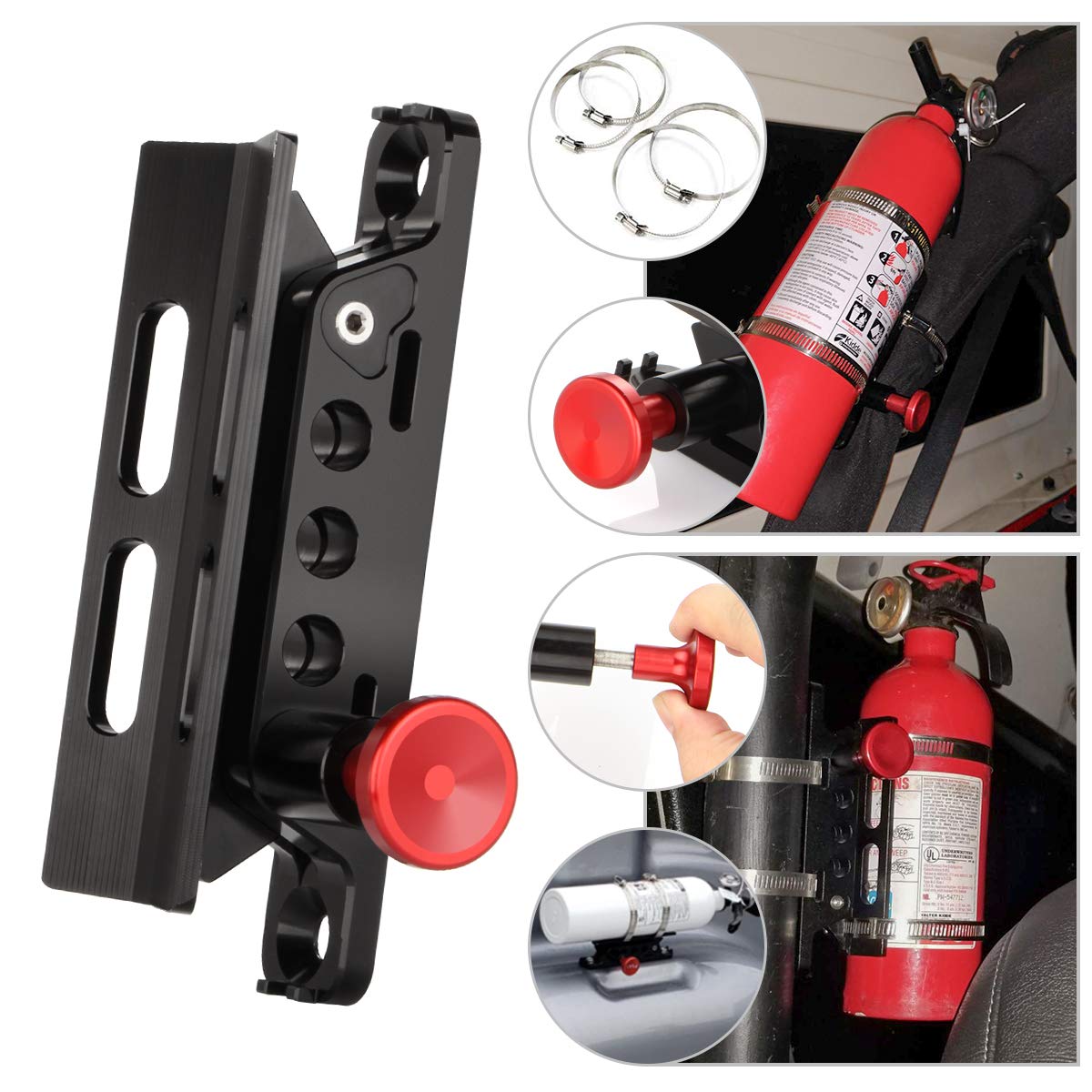 Adjustable Aluminum Fire Extinguisher Mount Holder with 4 Clamps Vehicle Fire Extinguisher Bracket for Wrangler TJ JK JL JKU UTV Polaris RZR Ranger (Black with Red Knob)