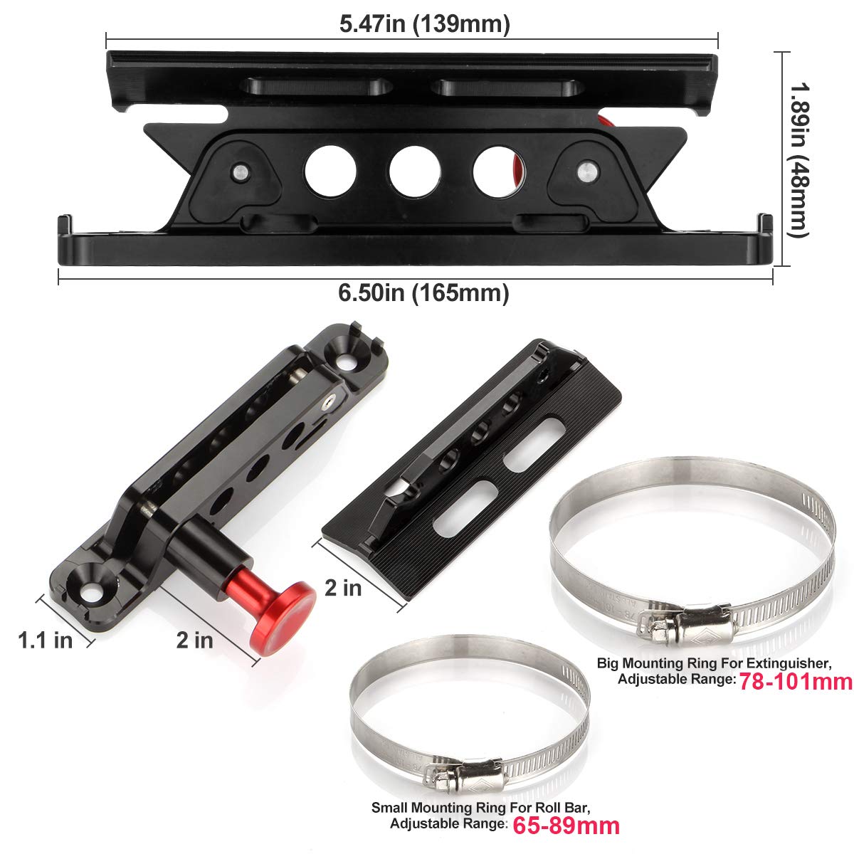 Adjustable Aluminum Fire Extinguisher Mount Holder with 4 Clamps Vehicle Fire Extinguisher Bracket for Wrangler TJ JK JL JKU UTV Polaris RZR Ranger (Black with Red Knob)