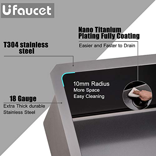 Ufaucet 32 Inch Nano Black Undermount Kitchen Sink, Zero Radius 16-Gauge Stainless Steel Commercial Single Bowl Wet Bar Prep Sink with Drainer and Bottom Grid