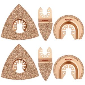 6pcs universal carbide oscillating saw blades, hemunc mixed multitool saw blades semicircle triangular finger kit for tile grout mortar concrete masonry