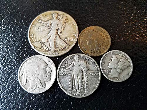 Old U.S. Silver Coins 5 Coin Collection Set - Indian Head Cent, Buffalo Nickel, Mercury Dime, Standing Liberty Quarter, Walking Liberty Half Dollar Various Mint Marks Fine and Better