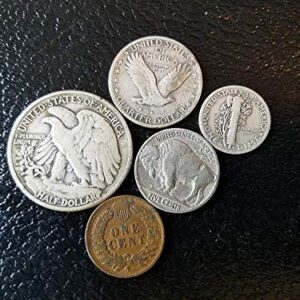 Old U.S. Silver Coins 5 Coin Collection Set - Indian Head Cent, Buffalo Nickel, Mercury Dime, Standing Liberty Quarter, Walking Liberty Half Dollar Various Mint Marks Fine and Better